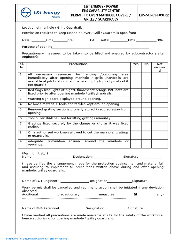 EHS-SOP03-F03I R2 Man Hole Opening Permit - English | PDF