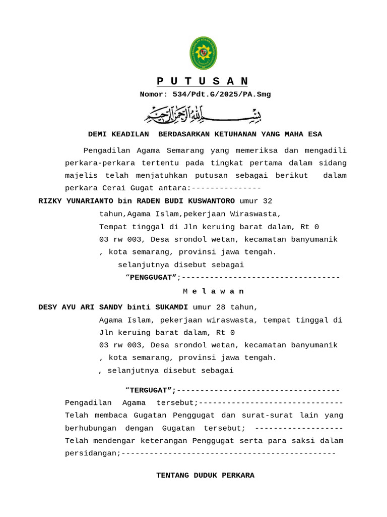 Surat Putusan PA Semarang (SDR - Rizky) | PDF