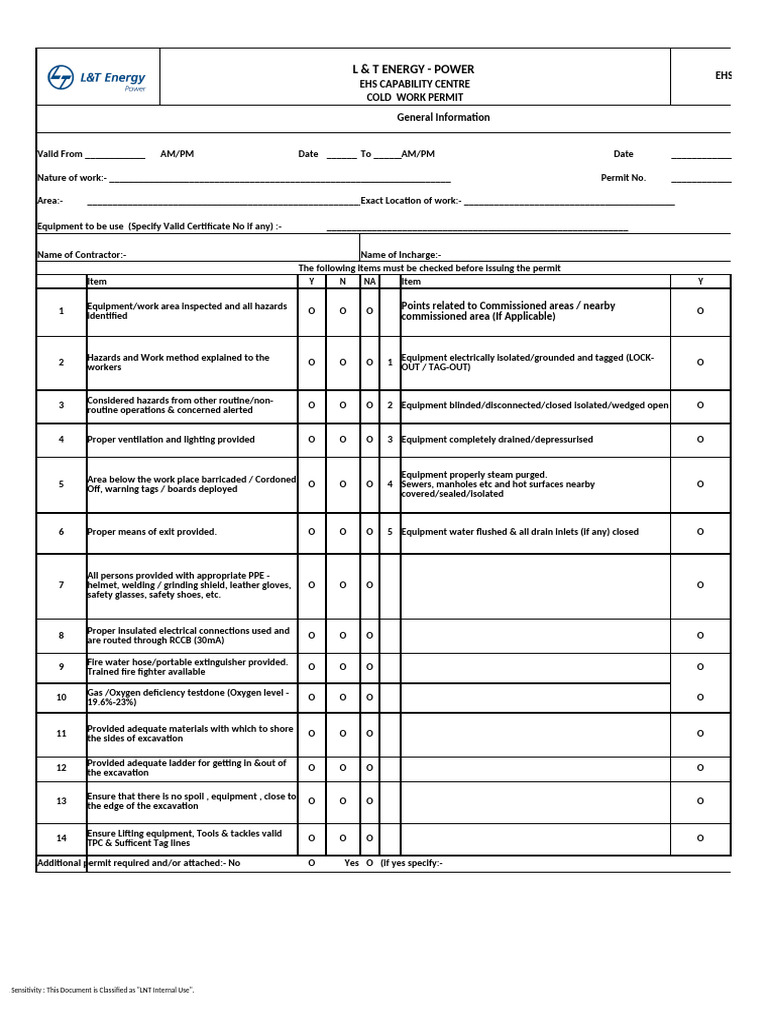 EHS-SOP03-F03P R00 Cold Work Permit - English | PDF | Occupational ...