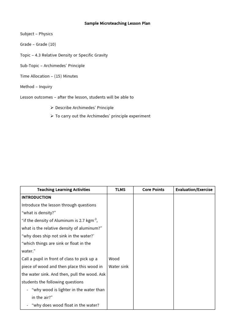 Creating Microteaching Lesson Plan | PDF | Buoyancy | Weight