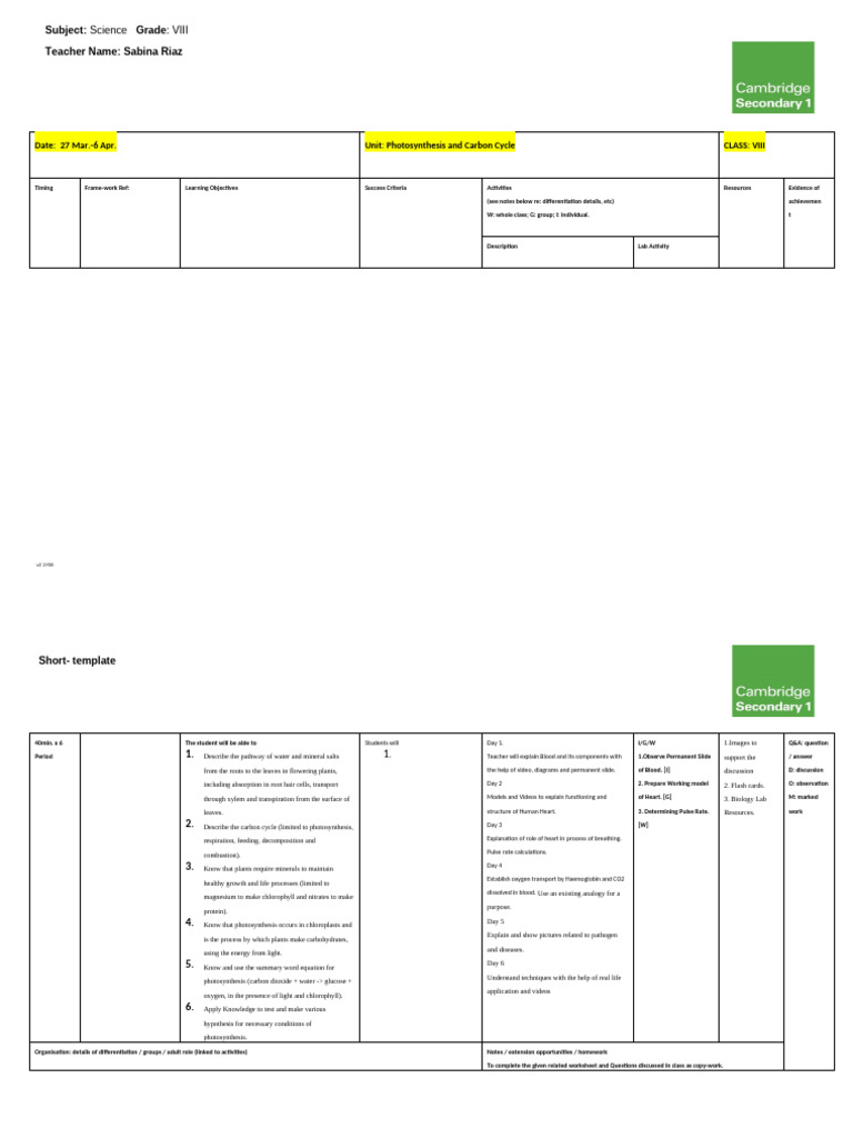 Photosynthesis & Carbon Cycle Lesson Plan | PDF | Photosynthesis | Plants