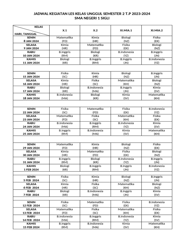 Jadwal Les Kelas Unggul SMA Sigli 2024 | PDF
