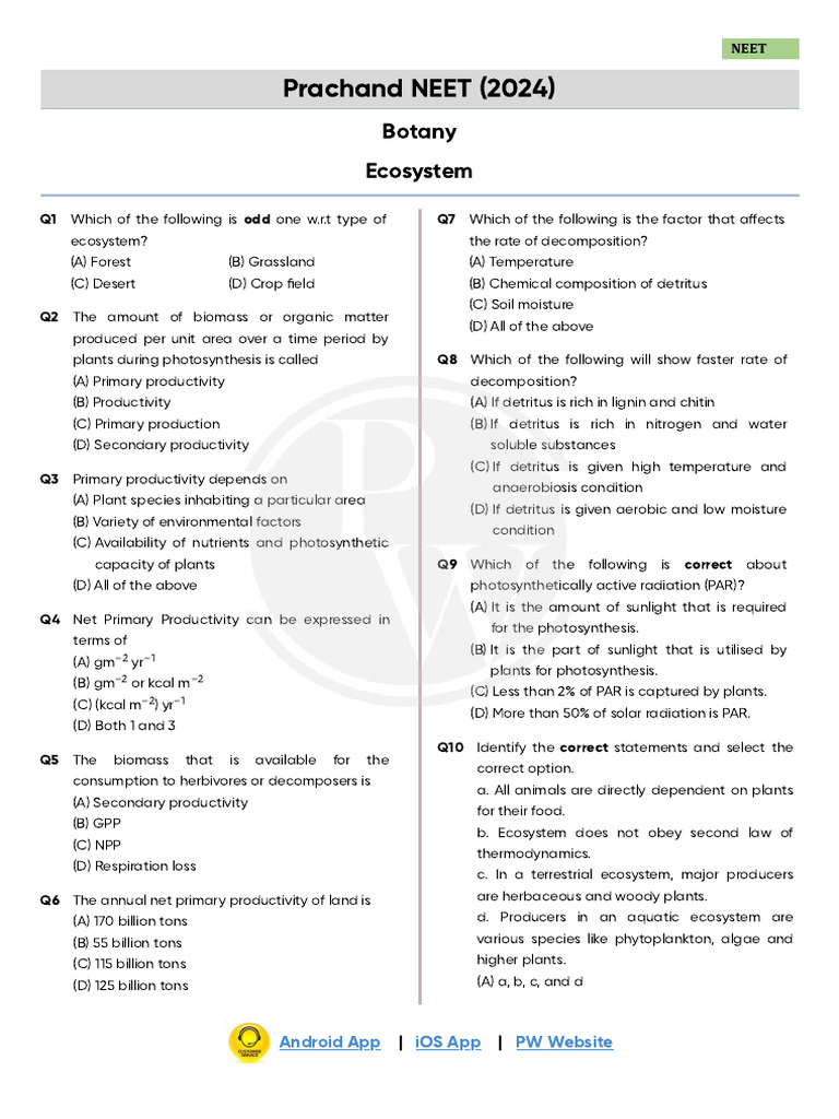 Ecosystem Concepts for NEET Exam | PDF | Food Web | Primary Production