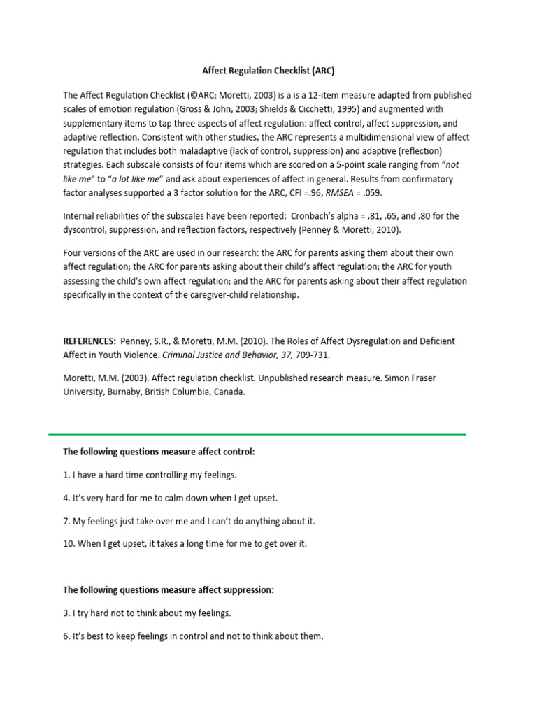 Affect Regulation Checklist Subscales | PDF | Human Development | Cognition