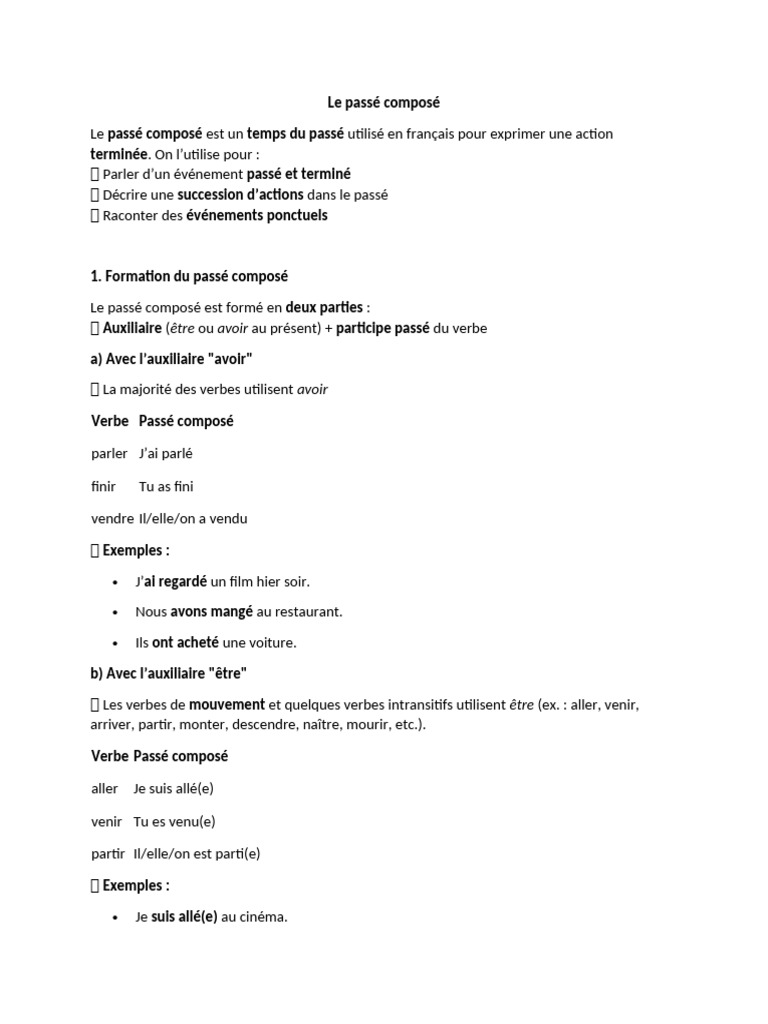 Passe Compose A1 | PDF | Verbe | Mécanique du langage