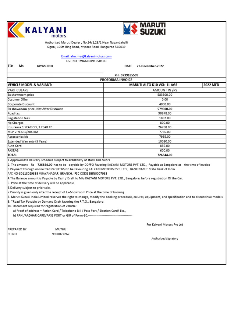 Alto k10 Vxi + Ags Proforma Invoice Jayashri | PDF | Accounts Payable ...