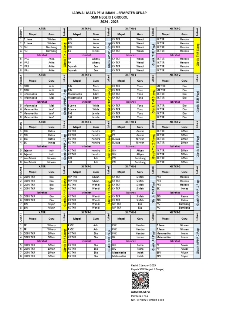 Jadwal Pelajaran Semester Genap 2024-2025 Rev 13-1-25 | PDF