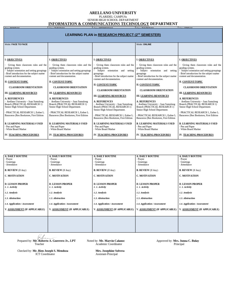 New Format Lesson Plan - Research Project (Week 1) | PDF | Educational ...