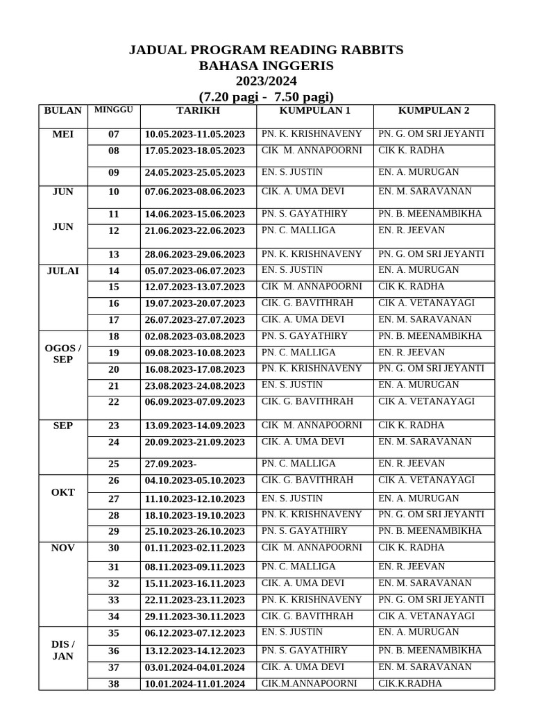 Jadual Program Bantu Membaca 2023 2024 Reading | PDF