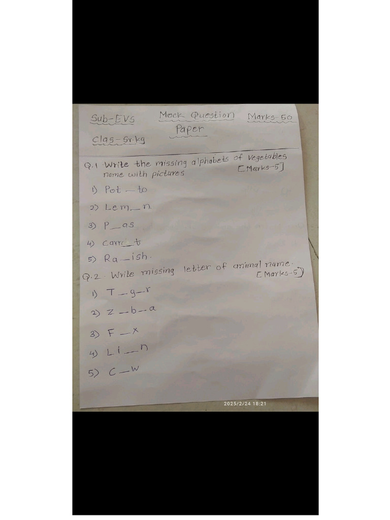 SR KG EVS Written Paper | PDF