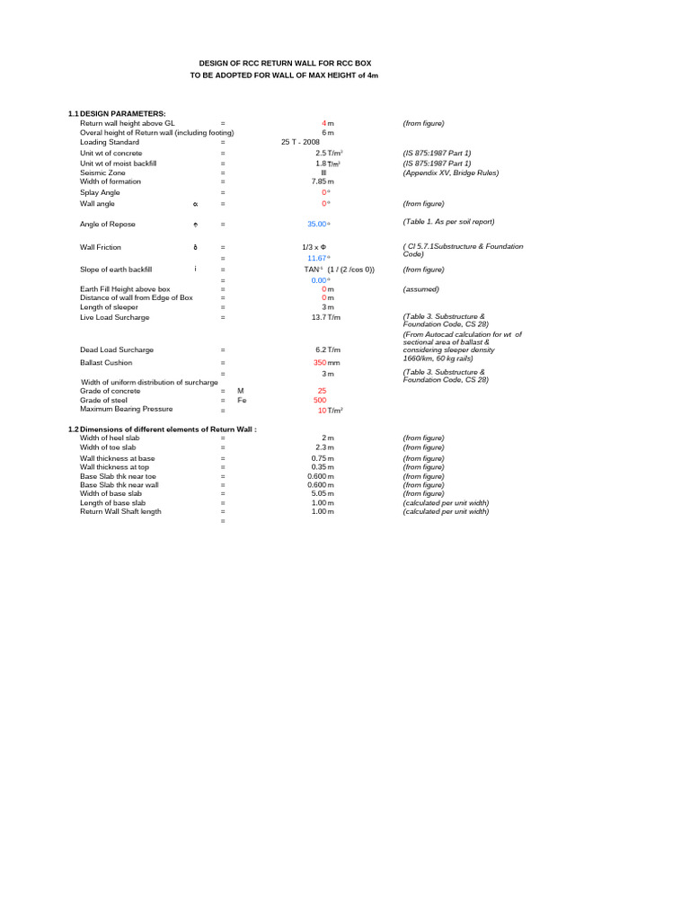 RCC RETAINING WALL FOR 10 TSQM @2 M Depth | PDF | Force | Length