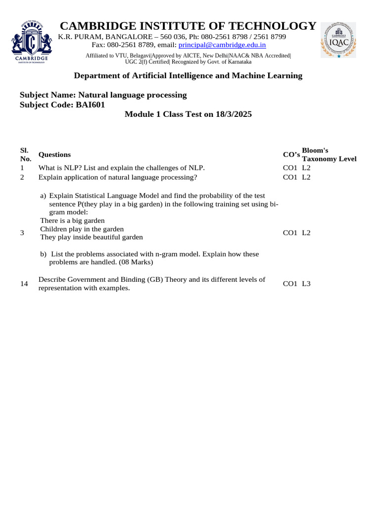 NLP Class Test1 - 18 - 3 | PDF