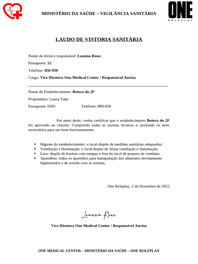 Laudo de Vistoria Sanitária do Boteco 2F | PDF