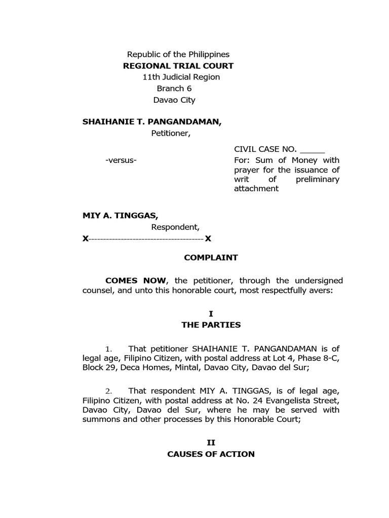 Collection of Sum of Money With Preliminary-Attachment Sample) | PDF | Lawsuit | Affidavit