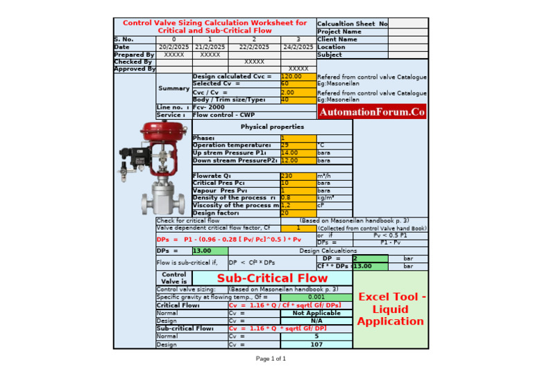 Control Valve Sizing Calculation Worksheet For Critical and Sub ...