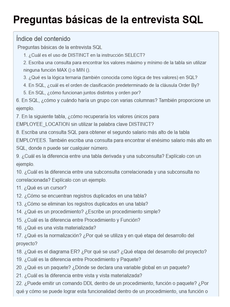 01 - Preguntas Básicas de La Entrevista SQL | PDF | SQL | Bases de datos