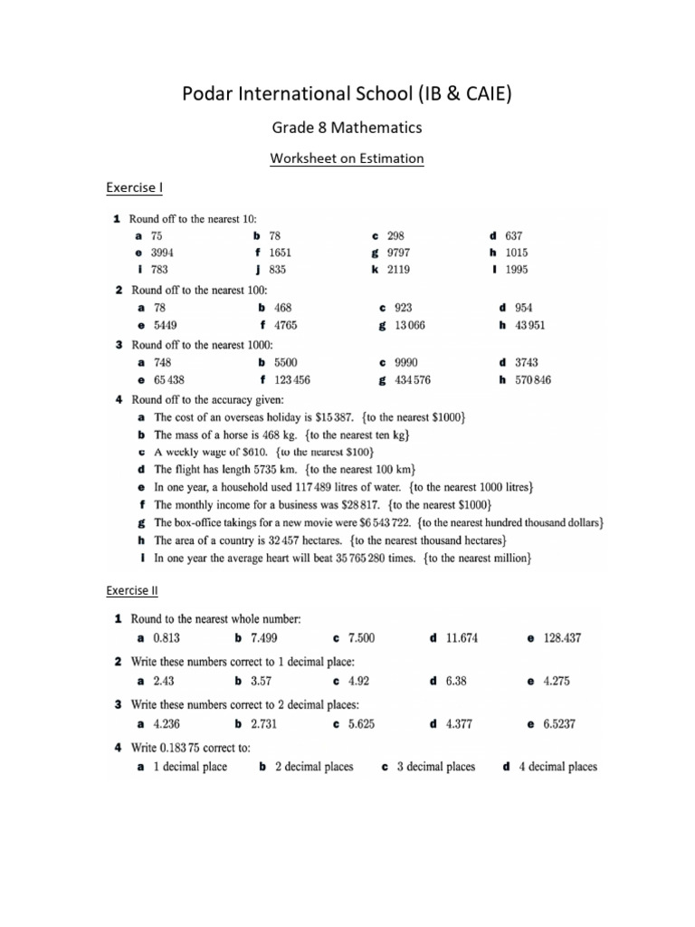Estimation Worksheet | PDF