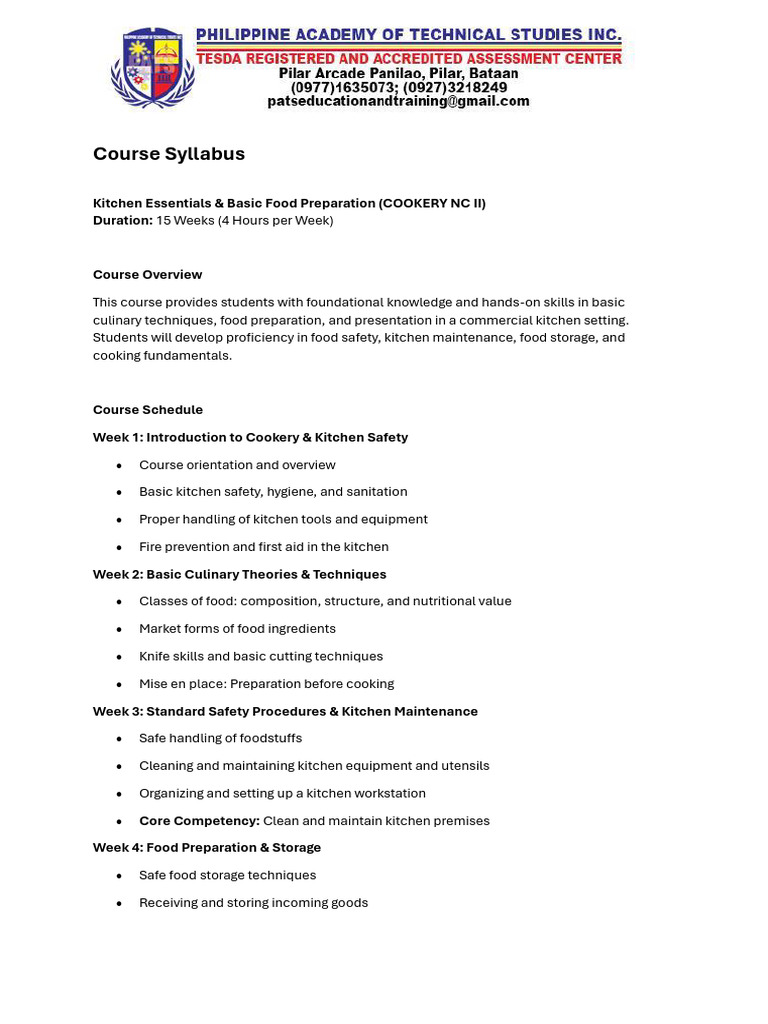 Course Syllabus Kitchen Essentials Cookery NCII Diploma | PDF | Cooking ...