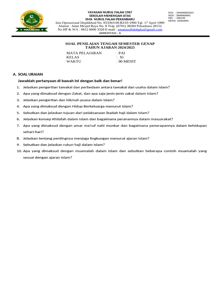 Soal Pts Pai Kelas Xi | PDF