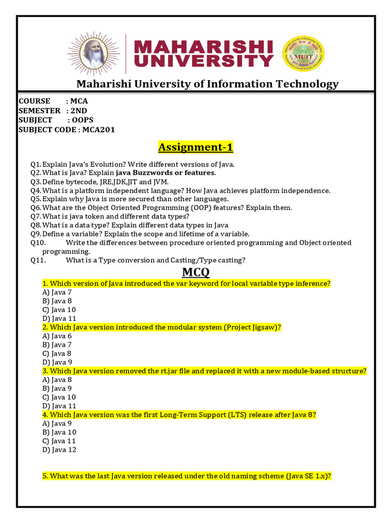 MCA OOPs Assignment1 | PDF | Computer Engineering | Computer Science