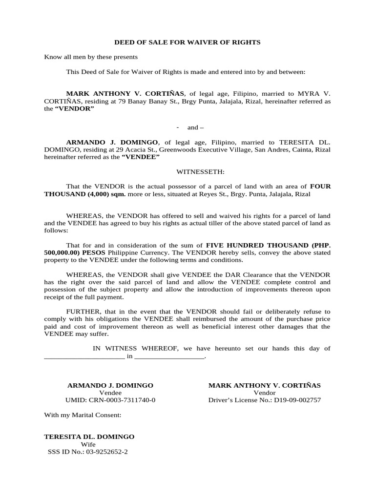 Deed of Conditional Sale for Waiver of Rights | PDF | Private Law | Common Law