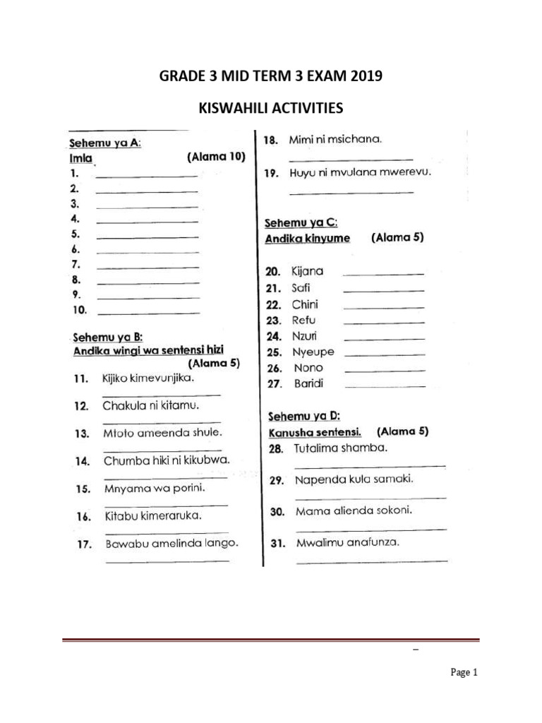 Kiswahili Activities Grade 3 Mid Term 3 2019 | PDF