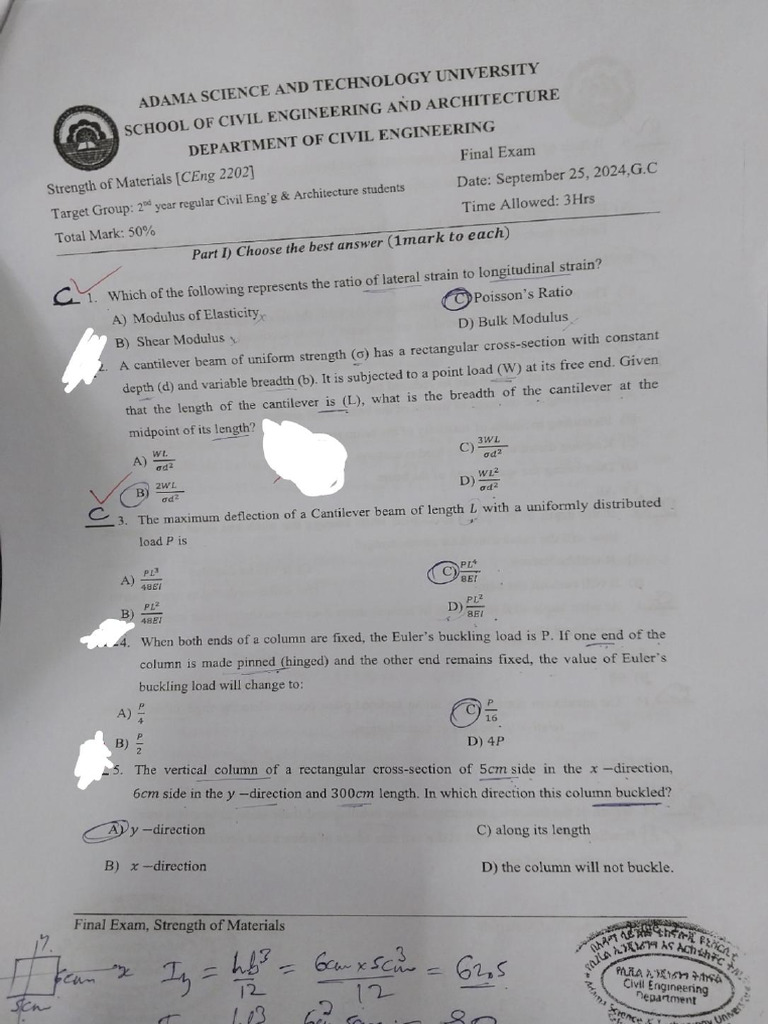 Strength of Materials 2024GC. ASTU Final Exam | PDF | Bending | Beam ...