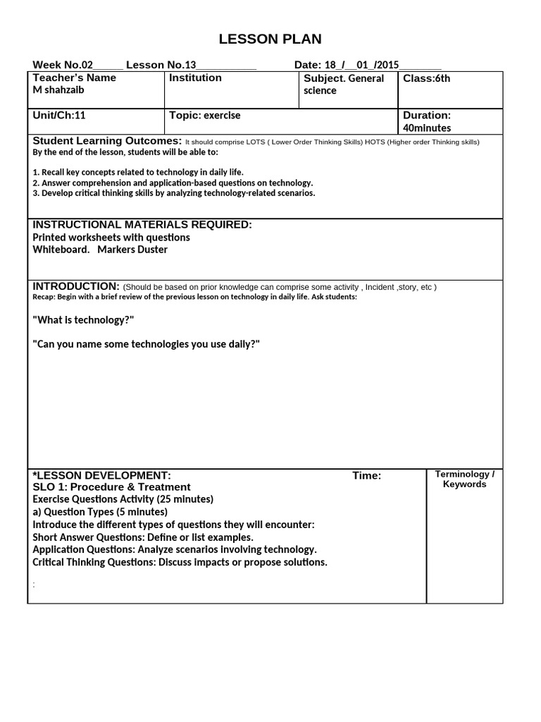 Lesson Plan11exerciese | PDF | Lesson Plan | Cognition
