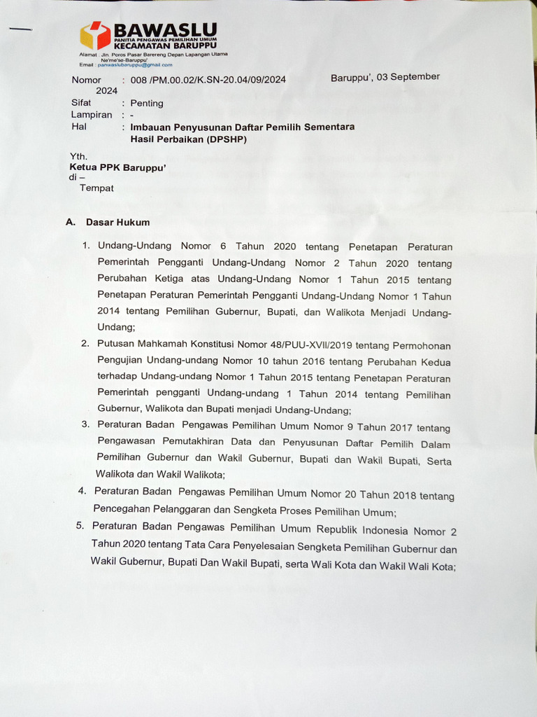 IMBAUAN PANWASCAM TENTANG PENYUSUNAN DPSHP | PDF