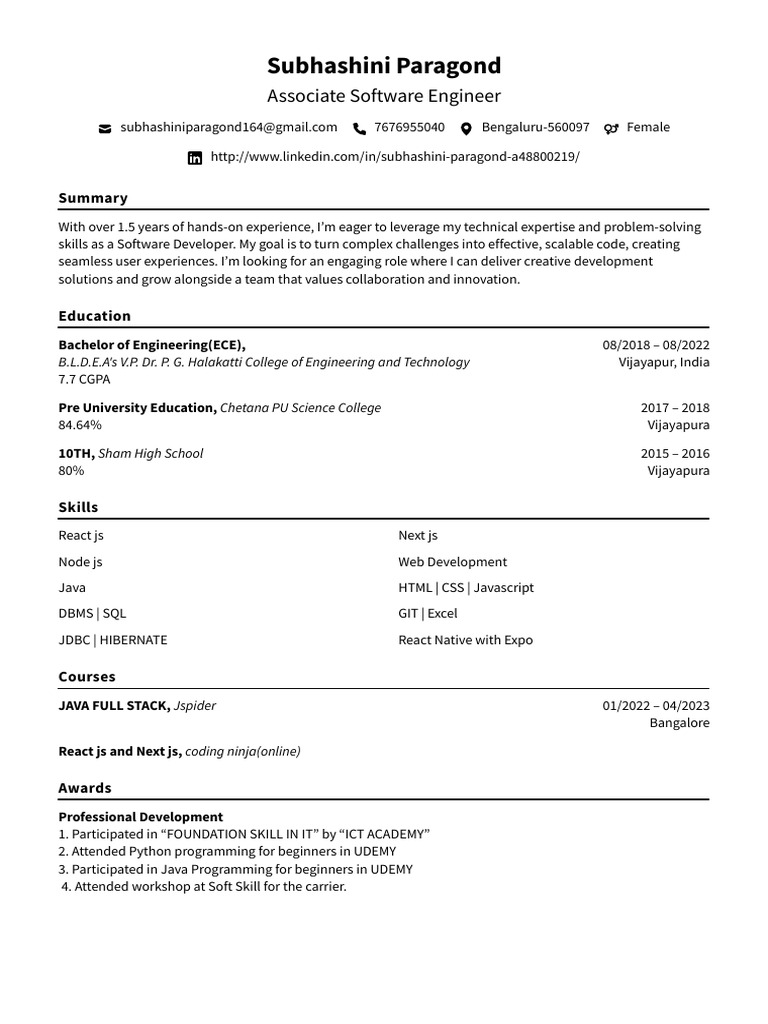Subhashini Paragond: Software Engineer Profile | PDF | Software Development | Computing