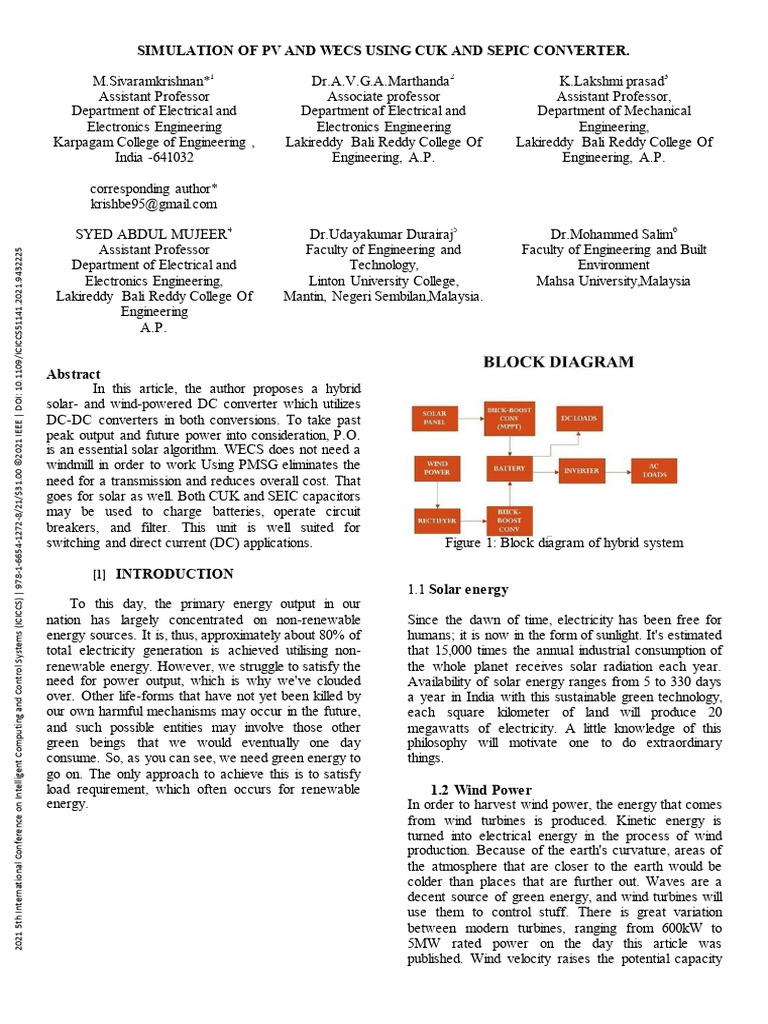 Simulation of PV and WECS Using CUK and SEPIC Converter | PDF | Rectifier | Power Inverter