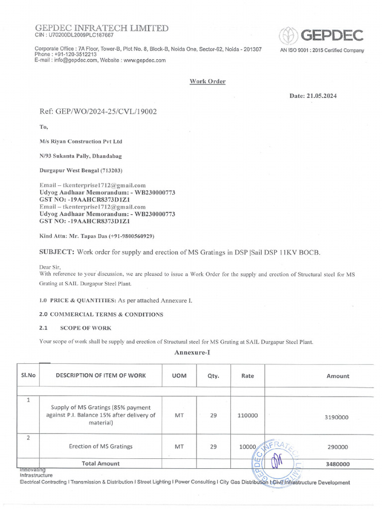 MS GRATING WORK ORDER-29MT(GEPDEC) | PDF