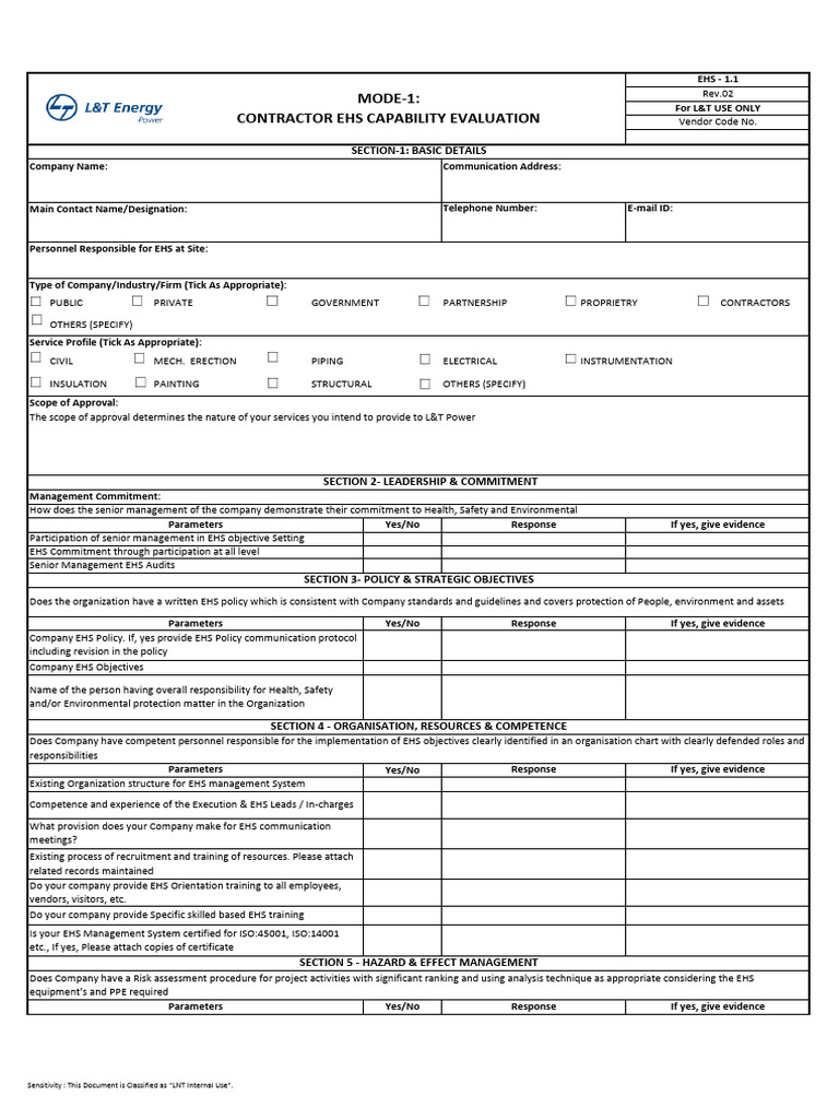 EHS-1 Contractor EHS Capability Evaluation R01 | PDF