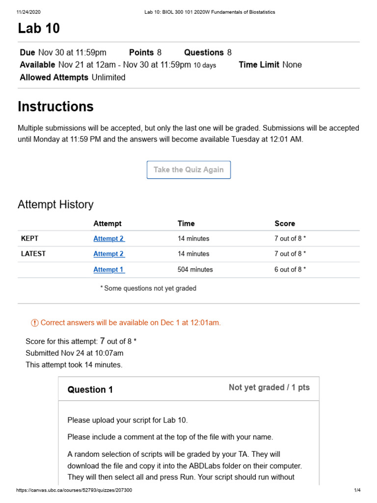 Lab 10 BIOL 300 101 2020W Fundamentals of Biostatistics PDF | PDF ...