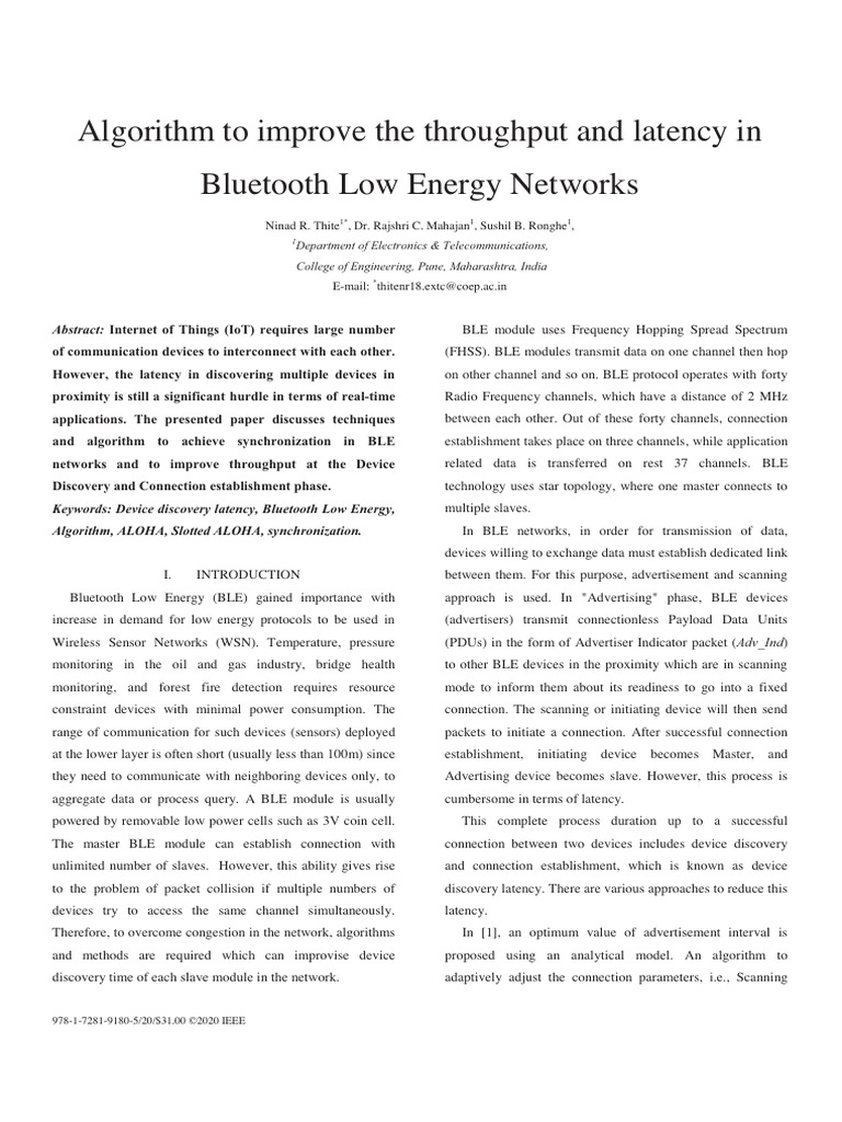 Algorithm To Improve The Throughput and Latency in Bluetooth Low Energy Networks | PDF ...