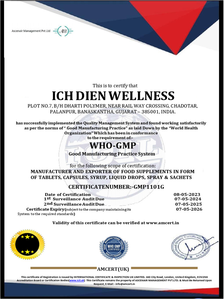 ICH DIEN WELLNESS GMP & ISO Certification | PDF | Certification | Audit