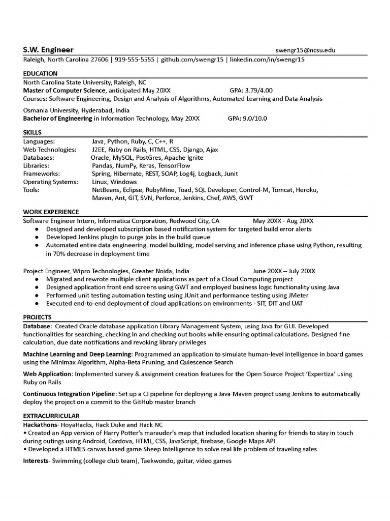 SW Engineer Resume Example | PDF