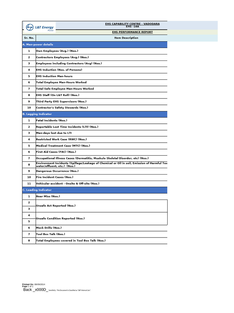 Ehs & Esg Mis Report_lntep_mmyy | PDF | Occupational Safety And Health ...