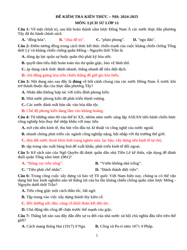 DE KIEM TRA KIEN THUC SU 11 HKI | PDF