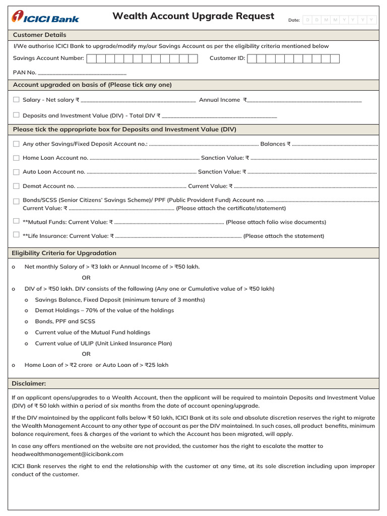 Wealth Account Upgrade Request Form PDF | PDF | Banks | Banking