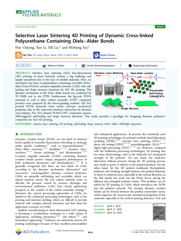 5.Selective Laser Sintering 4D Printing of Dynamic Cross-linkedPolyurethane Containing Diels− ...