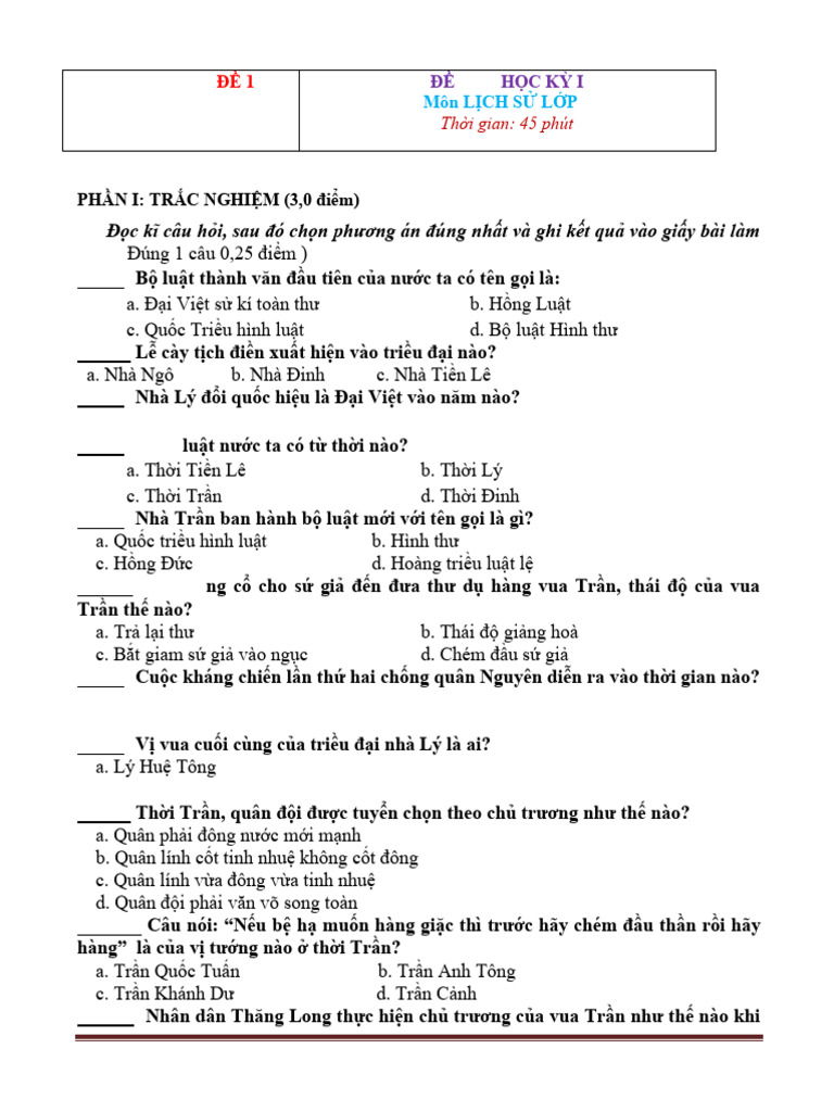 15 de Thi HK1 Lich Su 7 Co Dap An | PDF