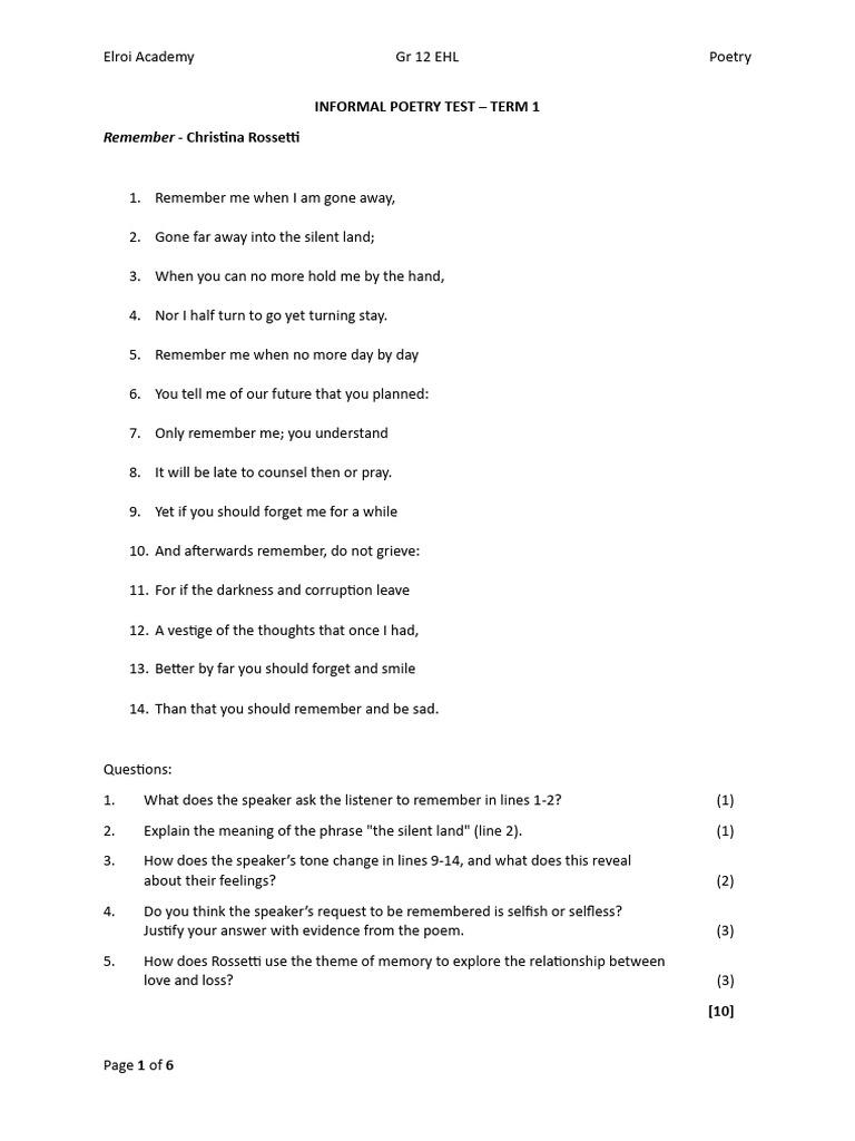 Informal Poetry Test Poem 1 To 5 - Term 1 | PDF