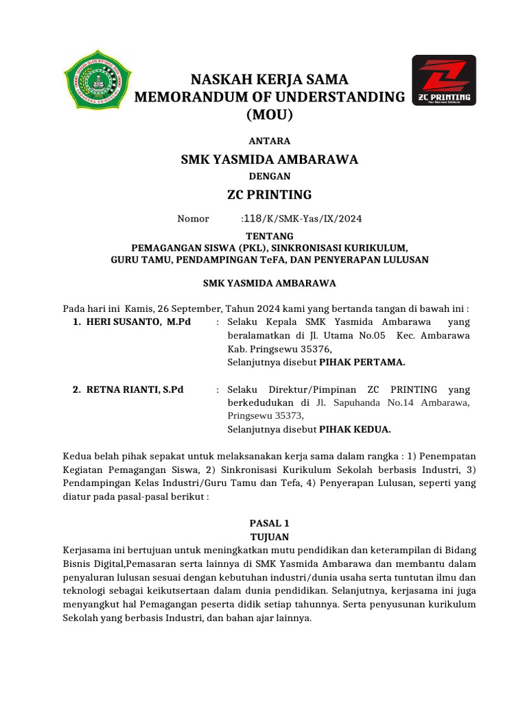 MoU ZC PRINTING | PDF