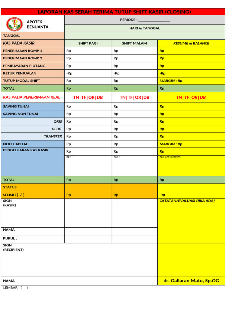 Form Laporan Kas Serah Terima Tutup Shift Kasir | PDF