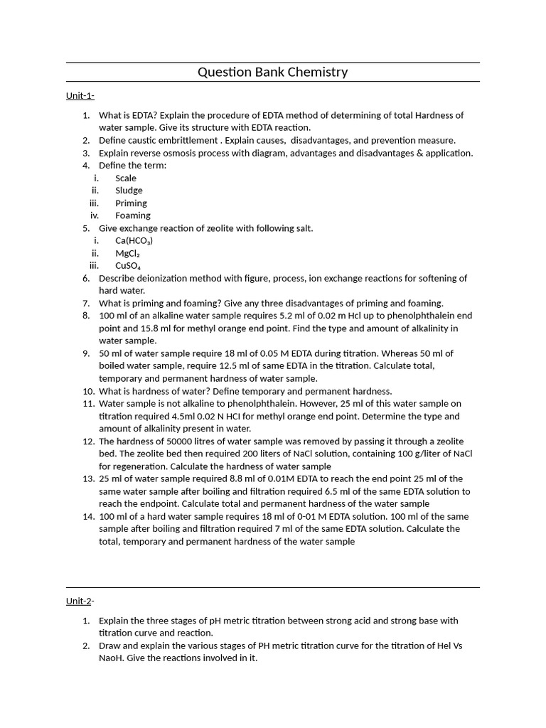 Question Bank Chemistry Unit 1 & 2 | PDF | Titration | Chemistry