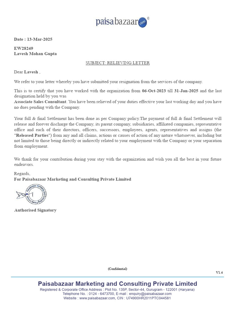 Reliveing Letter | PDF
