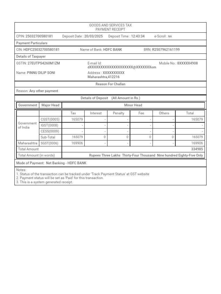 GST Payment Receipt via HDFC Net Banking | PDF