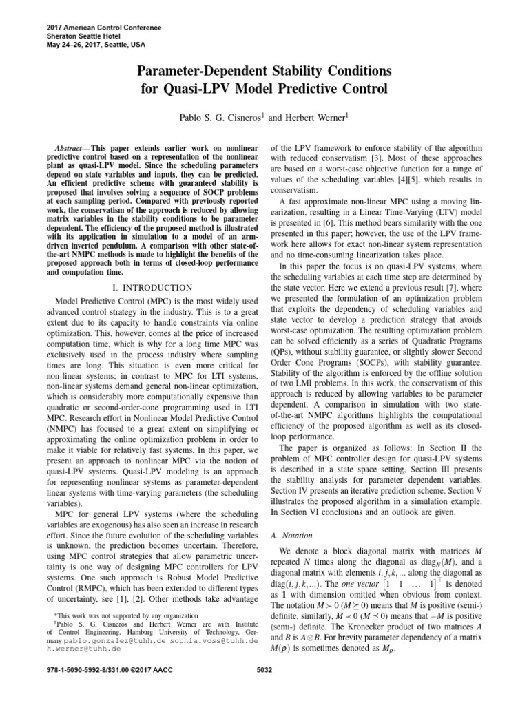 Parameter-Dependent Stability Conditions For Quasi-LPV Model Predictive Control | PDF | Applied ...