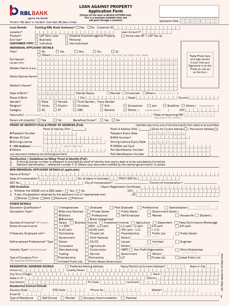 RBL Loan Against Property (LAP) Main Applicant Form - Sep24 | PDF ...